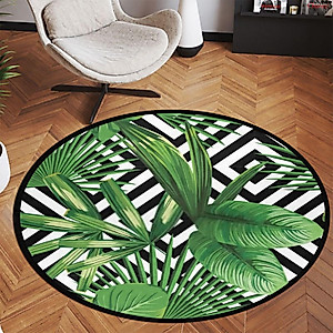 keepcute Palm Tree Leaf Round Rug 36 inch Rug Summer Exotic Jungle Tropical Doormat Non-Slip Floor Mat Carpet for Bedroom Living Room Study Playing Carpet, 3' Diameter