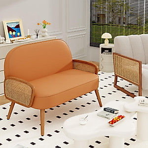 WENTMENT Loveseat Sofa Small Couch for Living Room, Faux Leather Mini Couch Love Seat with Natural Rattan Armrest and Solid Wooden Legs Small Sofa for Small Space, Bedroom, Apartment（Orange）