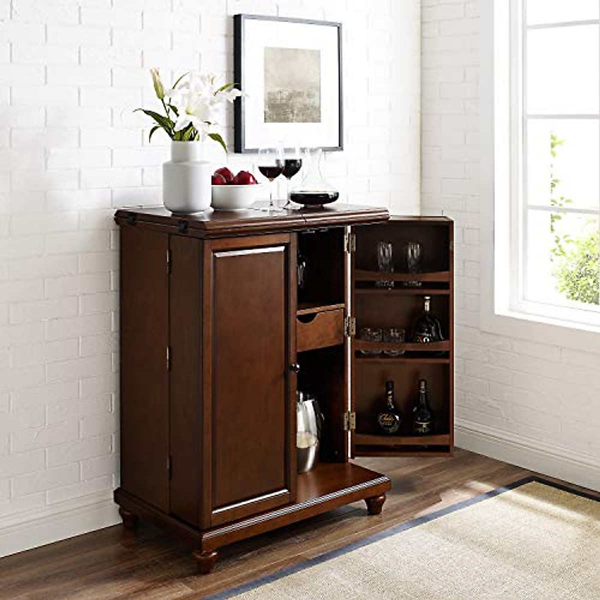 Crosley Furniture Cambridge Expandable Bar Cabinet with Storage Shelves, Drawer, and Wine Rack, Vintage Mahogany