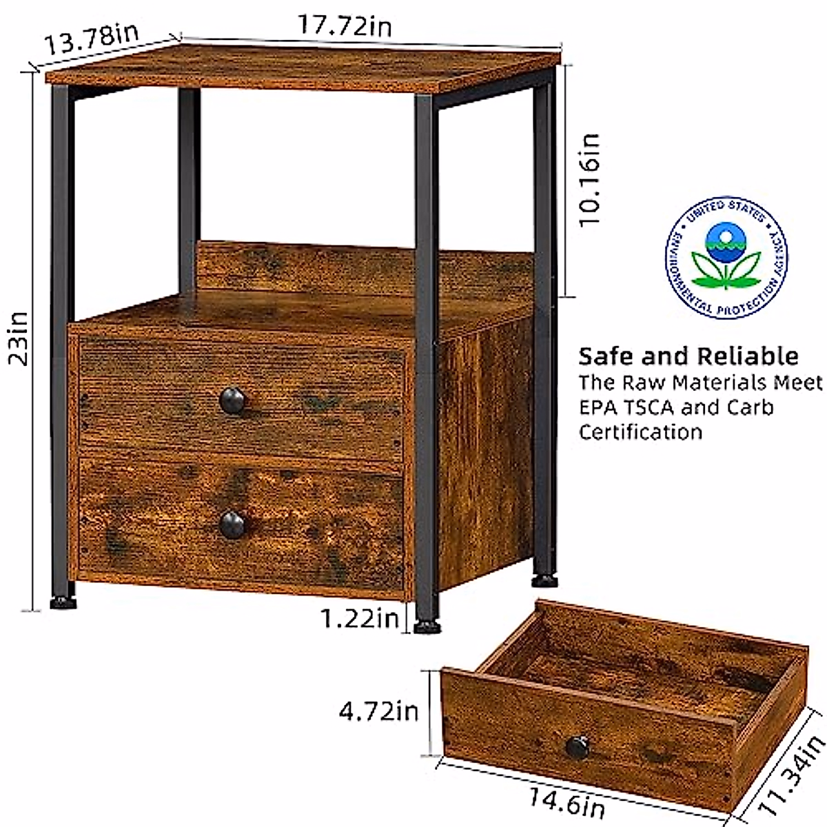 Lerliuo Nightstand, Industrial Bed Side Table with 2 Drawers Storage Open Shelf, Sturdy End Table with Steel Frame, Night Stand for Bedroom, Living Room, Vintage Brown