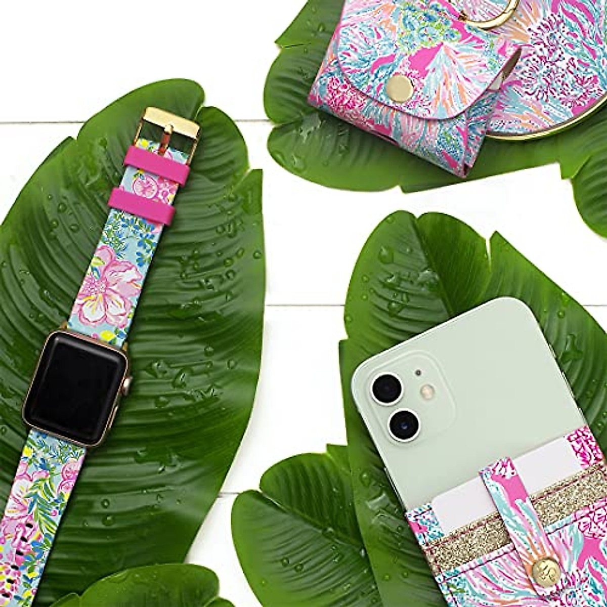 Lilly Pulitzer Pink Leatherette Adhesive Tech Pocket Card Holder, Travel Wallet for Smartphone Back, Seaing Things