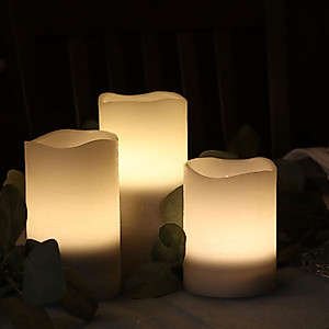 Rhytsing Grey Battery Operated Flameless Led Candles with Timer Function, Warm White Light, Real Wax Finish, 6 Batteries Included - Set of 3