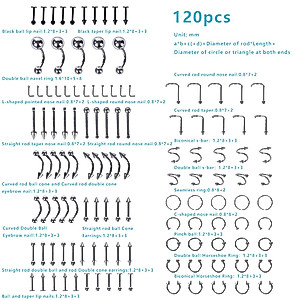 120 Pcs Piercing Jewelry With 24 Grid Storage Box Earring Hoops Lip Nose Rings Navel Rings Barbells Stainless Steel Jewelry Mixed Set 120 Pcs