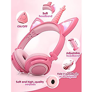 ONTA Unicorn Kids Headphones, Cat Ear LED Light Up Foldable Earphone Wired Over On Ear for Girls Boys,Kids Headband Toddler Tablet for School Supply/Travel/Holiday/Birthday/Cosplay Gifts(Peach)