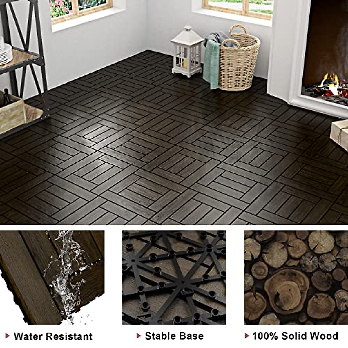 VANCASTLE 9PCS Wood Interlocking Deck Tiles 11.8"x11.8", Patio Flooring Outdoor Waterproof All Weather Use, Wood Flooring for Patio Garden Poolside Front/Back Yard, Espresso-Checked