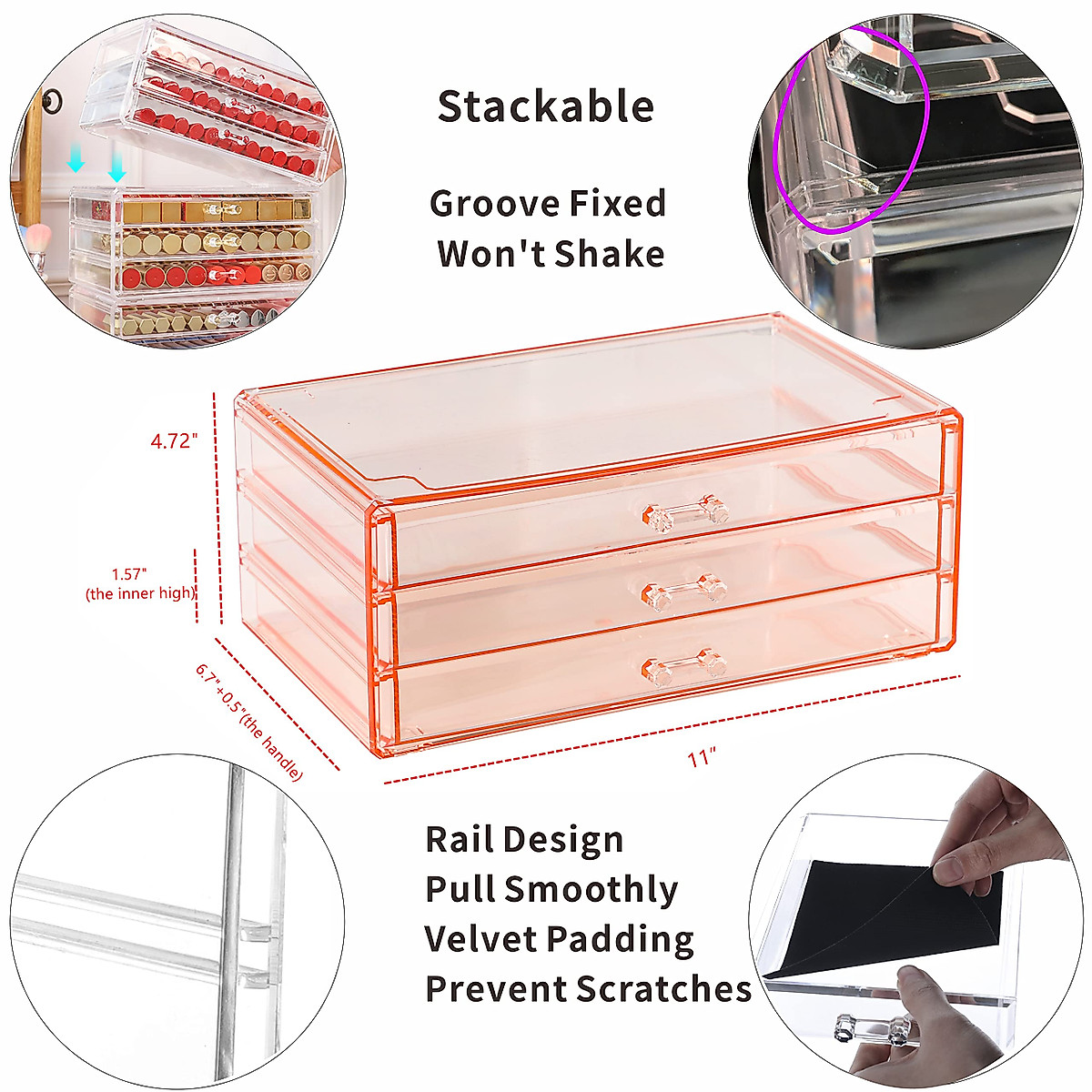 Cq acrylic Hair Accessory Organizer with 3 Long Drawers,Stacking Makeup Organizer and Desk Pink Drawer Containers,Stackable Cabinet Storage Bins For Palettes,Cosmetic,And Beauty For Vanity,Pack Of 1