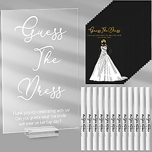 Seajan Guess the Dress Bridal Shower Game Acrylic Bridal Shower Sign Fun Bridal Shower Games Table Sign 50 Black Gold Guessing Cards 20 White Acrylic Pens for Guests Wedding Shower Games Party
