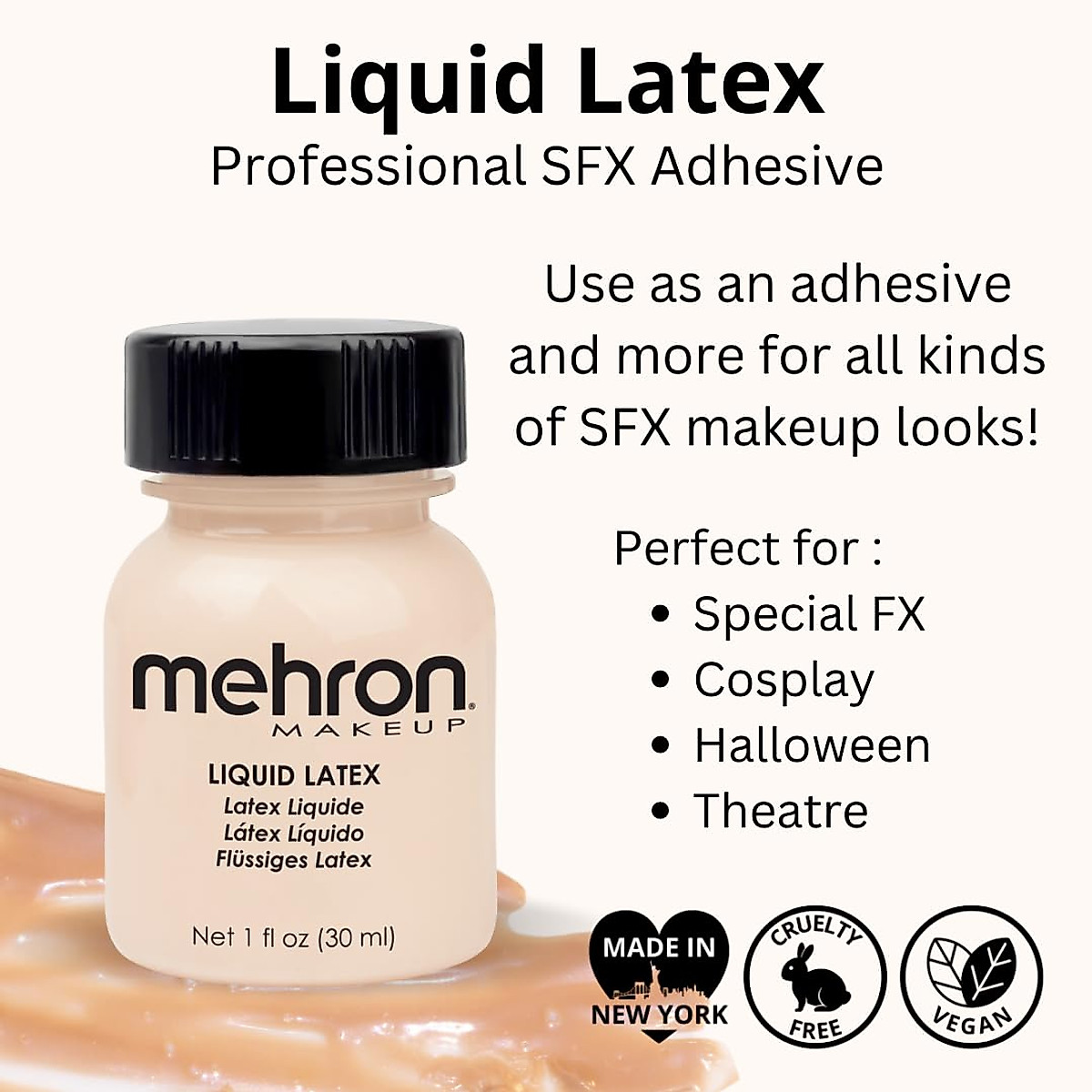 Mehron Makeup Liquid Latex | SFX Makeup | Halloween | Latex Glue for Skin | Prosthetic Glue 1 fl oz (30 ml) (Light Flesh)
