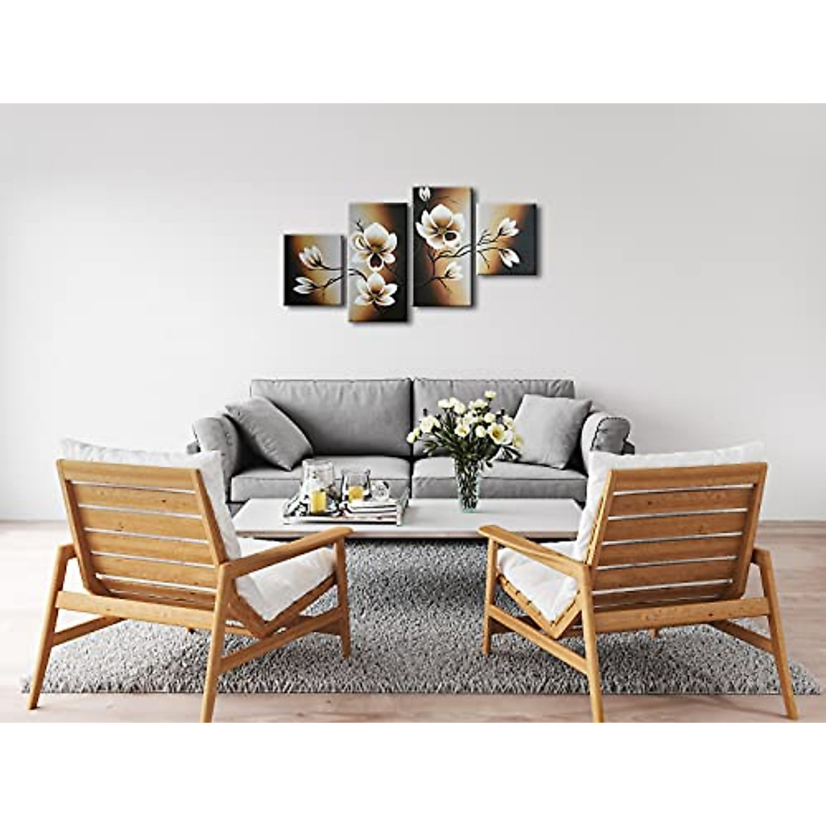 100% Hand-painted Wood Framed Abstract Floral Oil Painting on Canvas Warm Day Yellow Flowers Bloom Ready to Hang for Living Room Bedroom Home Decorations 4pcs/set