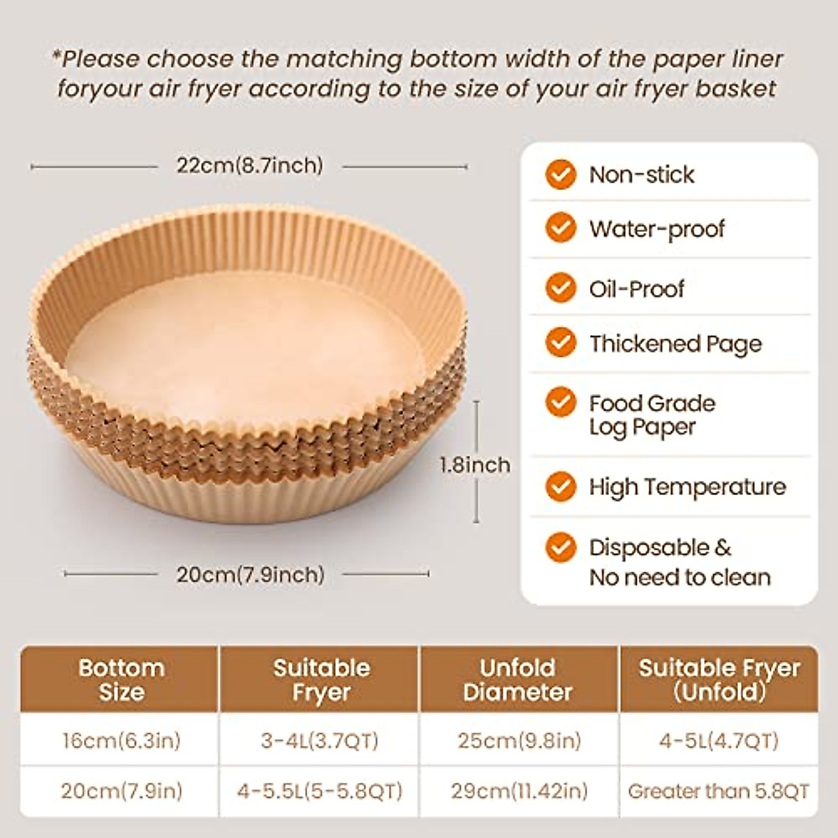 Air Fryer Disposable Paper Liner, 100 Pcs Liners for Air Fryer, Non-stick Parchment Paper for Frying, Baking, Cooking, Roasting and Microwave - Unbleached, Oil-proof, 7.9-inch