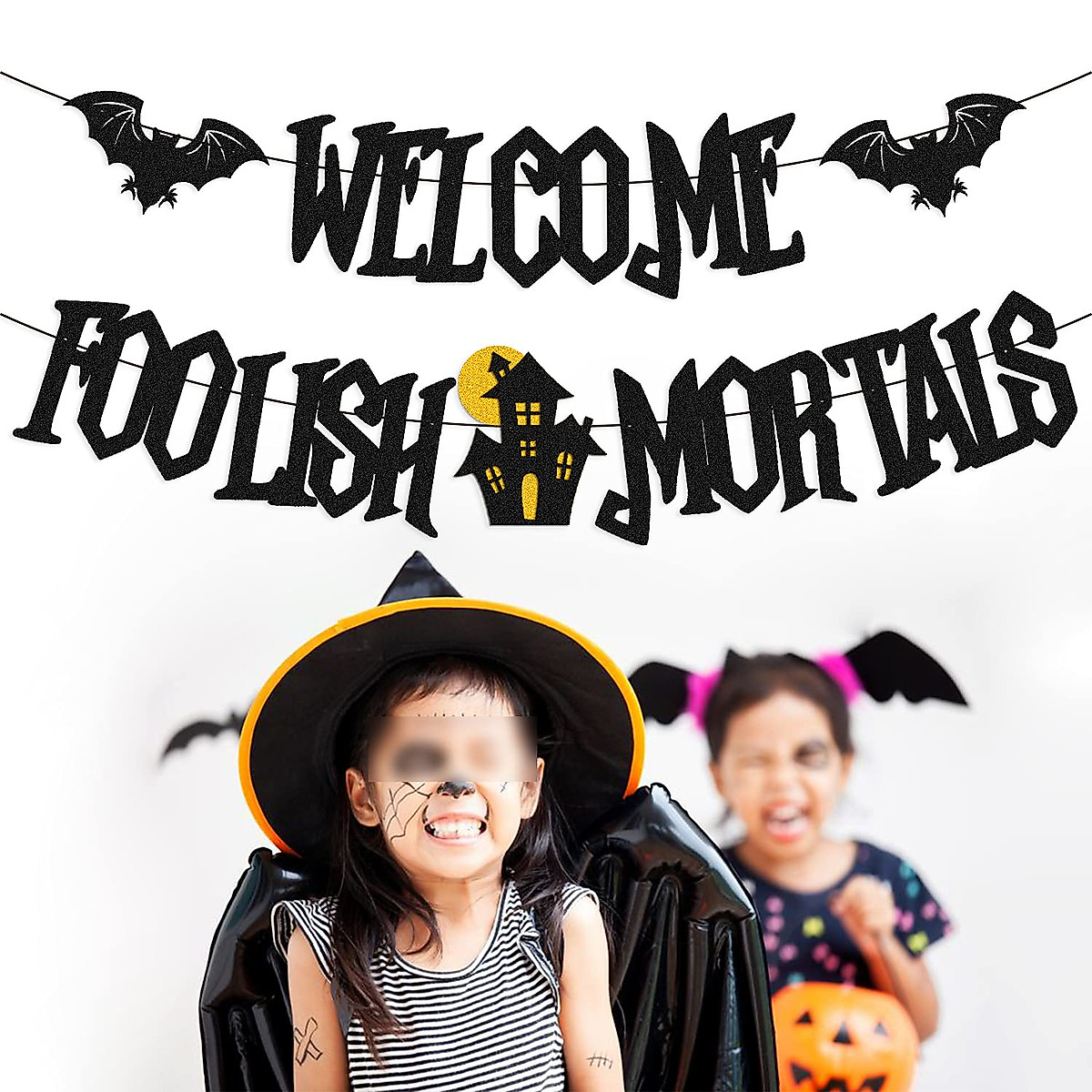 Welcome Foolish Mortals Banner for Halloween Bats Haunted House Ghost Horror Theme Happy Halloween Party Supplies Glitter Black Decorations