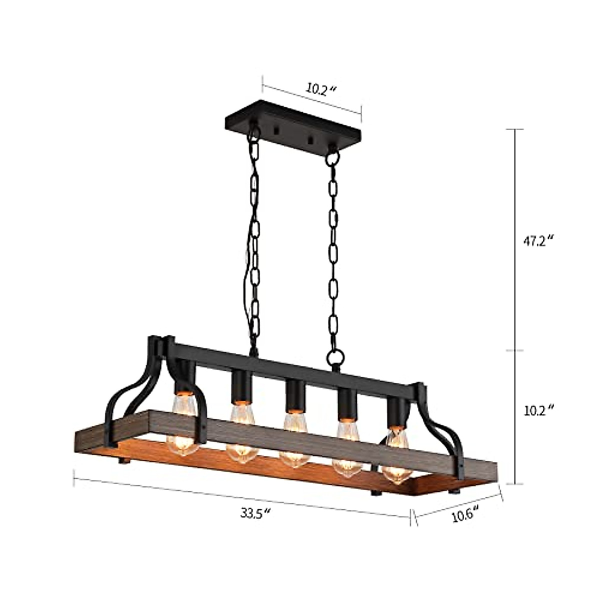 MEIXISUE Rustic Kitchen Island Dining Room Light Fixture Farmhouse Linear Chandelier Black and Retro Wood Finish 5-Light Industrial Metal Hanging Pendant Light UL Listed L33.5 W10.6