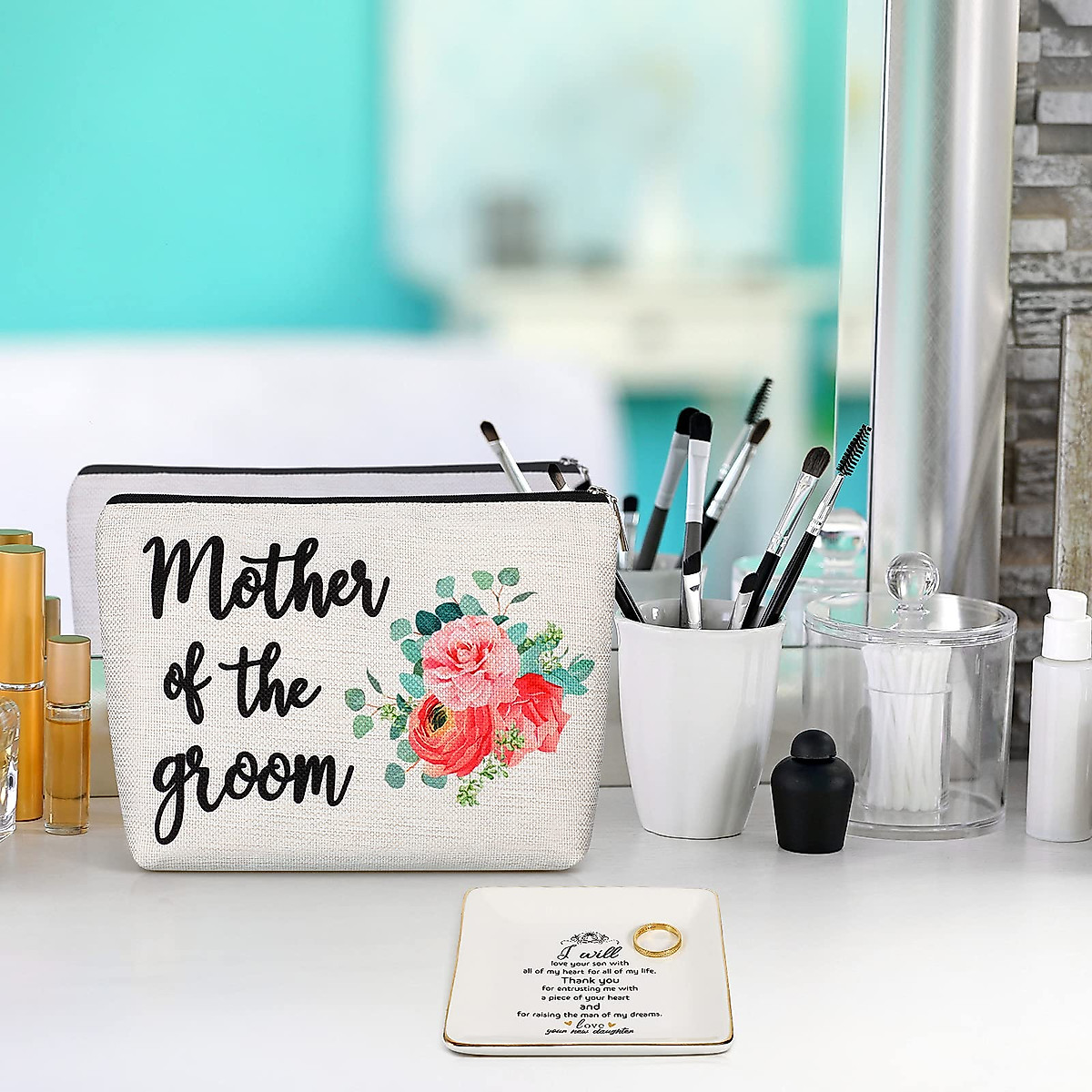 Frienda 2 Pack Mother Of The Bride Groom gifts Mother Of The Bride Groom Makeup Bags and Jewelry Dish Tray Bride Mother Gift Canvas Cosmetic Bag for Mom Wedding Gift(Mother of the Groom A)