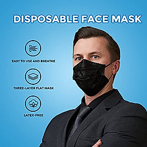 CCW Black Masks, 3 Layer Filter Protection 50 pcs Black Crowded Places with Elastic Earloop Masks,Individually Wrapped Disposable Face Masks for Adult Men Women