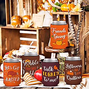 6PCS Friendsgiving Decorations Can Cooler Friends Gathering Neoprene Can Sleeve Thanksgiving Fall Party Decor Potluck Dinner for Soda Beverage Thankful Feast Party Supplies