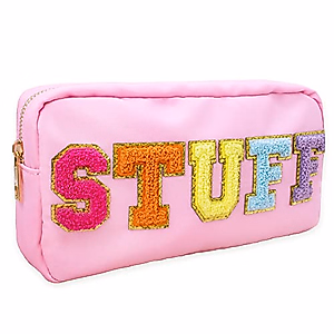 Fablinks Preppy Makeup Pouch, Chenille Varsity Letter Stuff Bag, Pink Nylon Skin Care Patch Bags Organizer, Girls Travel Make Up Skincare Cosmetic Zipper Bags for Women, Teen Easter Basket Stuffers