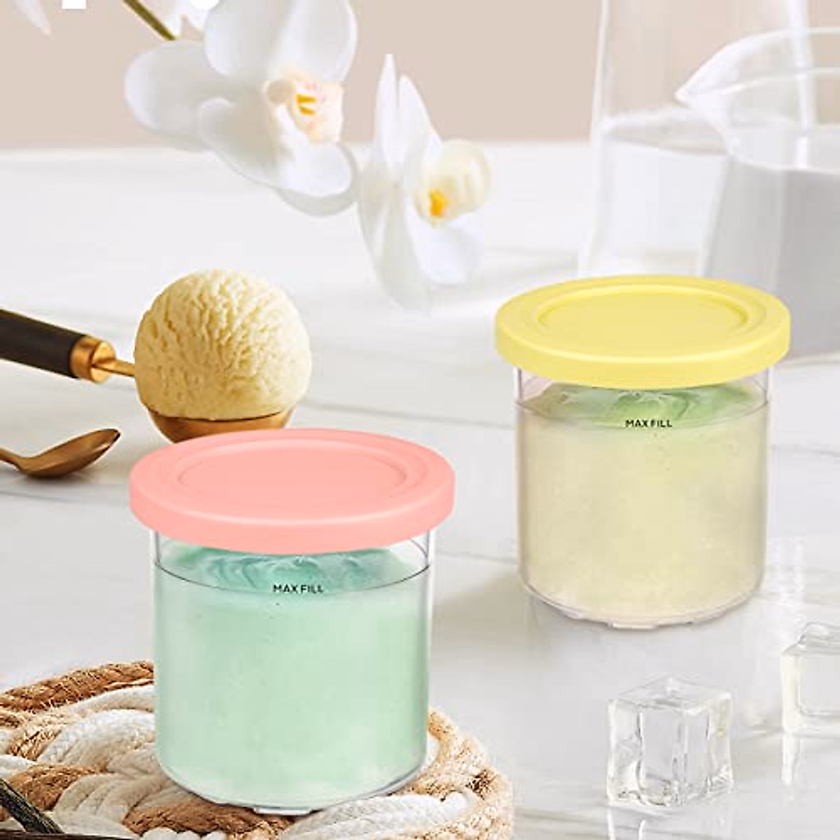 FIRJOY 16 oz. Containers | Extra Replacement Pints and Lids -Compatible with Ninja Creami NC301 NC300 NC299AMZ Series ONLY (2 Pack - Pink, Yellow)