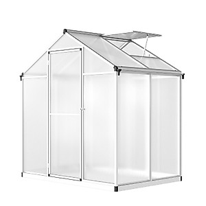6x4 FT Greenhouse for Outdoors, Polycarbonate Greenhouse with Quick Setup Structure and Roof Vent, Aluminum Large Walk-in Greenhouse for Outside Garden Backyard, Silver