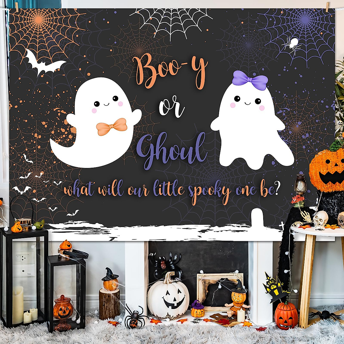 Mocsicka Halloween Gender Reveal Backdrop Booy or Ghoul Gender Reveal Background Halloween Ghost Gender Reveal Party Cake Table Decoration Banner Photo Booth Props (7x5ft)