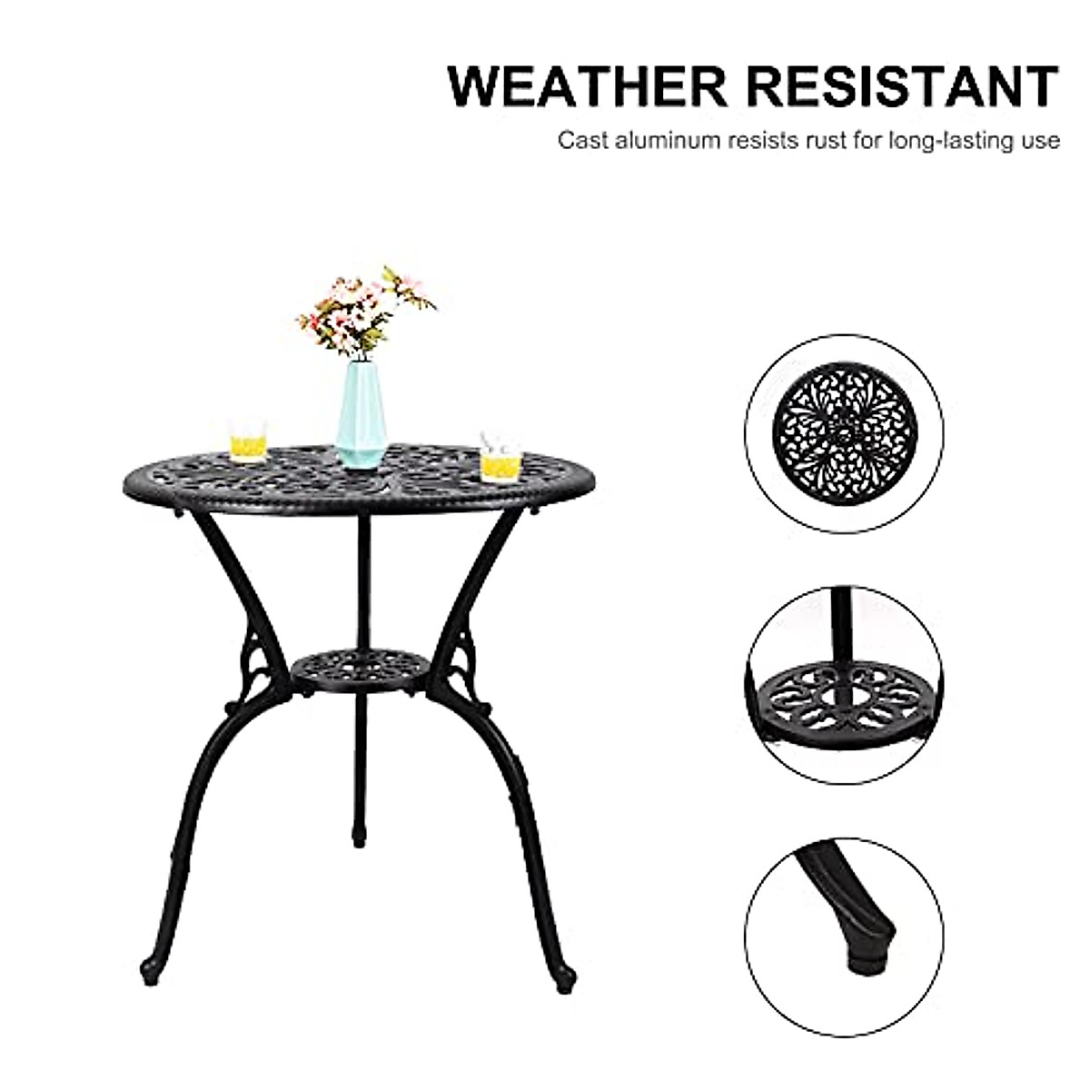Polar Aurora 3 Piece Aluminum Patio Bistro Set Cast Aluminum Bistro Table Set Outdoor Round Dining Table with Umbrella Hole for Porch, Lawn, Garden, Backyard, Pool, Classic Black