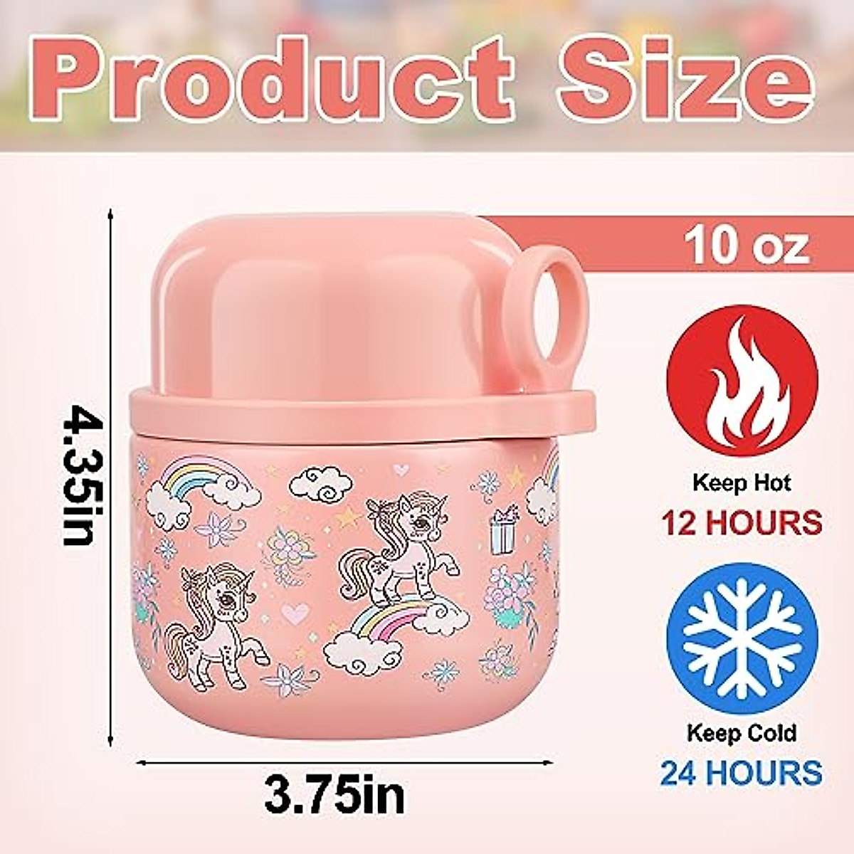 Healthlif 10oz Kids Soup Thermo for Hot Food Insulated Food Jar, Ceramic Coating Thermos Hot Food Lunch Container, Width Mouth Stainless Steel Lunch Box with Spoon(Pink Unicorn)