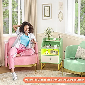 Cyclysio Nightstand with Charging Station and LED Light, 30 Inches Tall Night Stand with Top Baffle,Super Large Storage Space Bedside Tables for Bedroom, Sofa Side