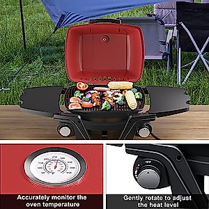 Portable Propane Gas Grill, 2-Burner Portable Gas Grill Small Tabletop Gas Grill, 24000BTU BBQ Outdoor Griddle Gas Grill with Removable Side Tables, Thermometer, Regulator, Gas Hose, Red