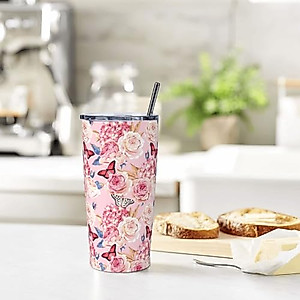 Yaxongx 20oz Tumbler Roses Design Double Wall Vacuum Insulated Coffee Mug with Lid and Metal Straw Brush Reusable Stainless Steel Water Bottle Travel Cup Gifts for Car Ice Drinks Hot Beverage