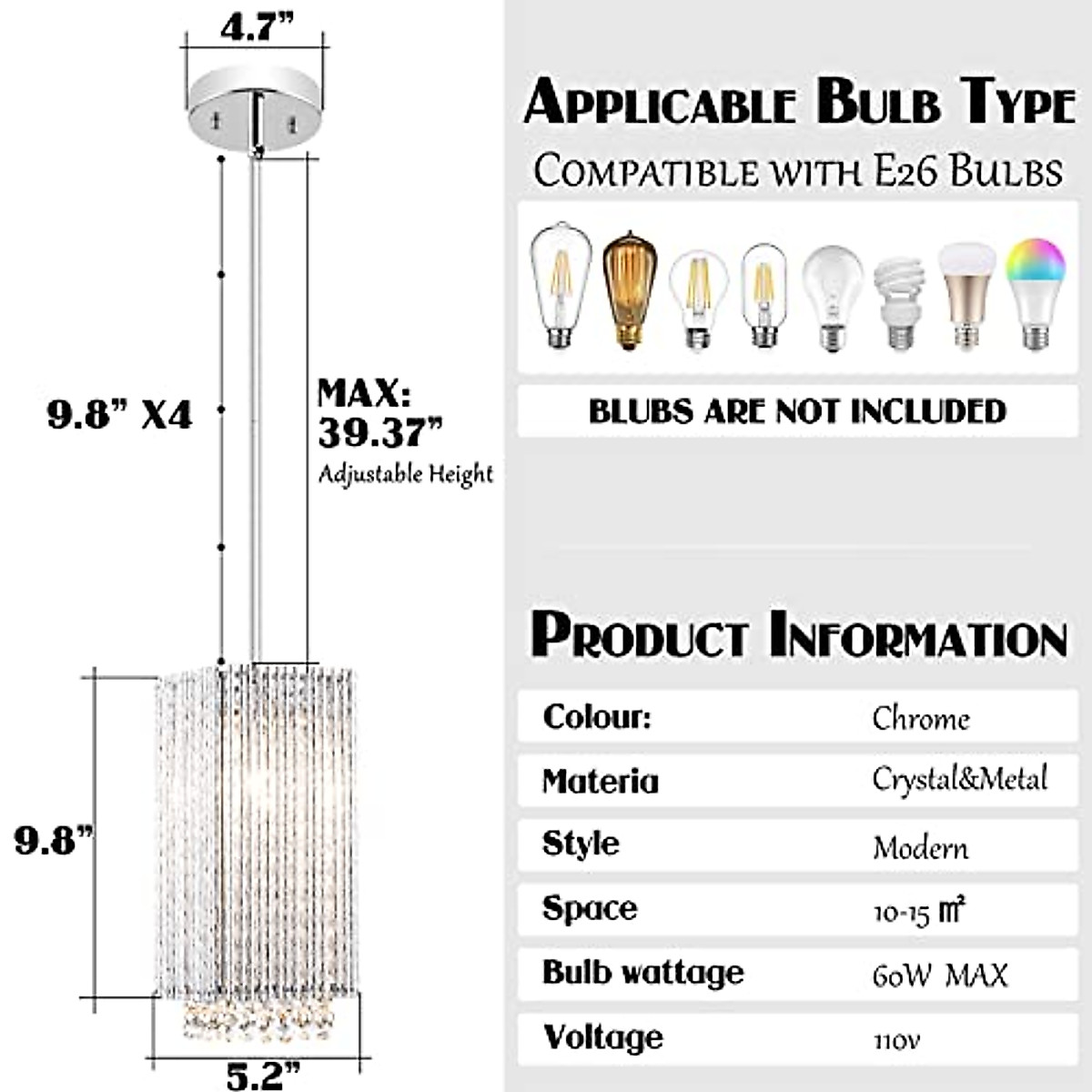 MO&OK 3 Pack Crystal Chandelier Modern Pendent Lights Adjustable Hanging Lighting with Metal Lampshade Rectangle Chandeliers for Kitchen Island Dinningroom,Entrance Living Room H9.8 xD5.2 Chrome