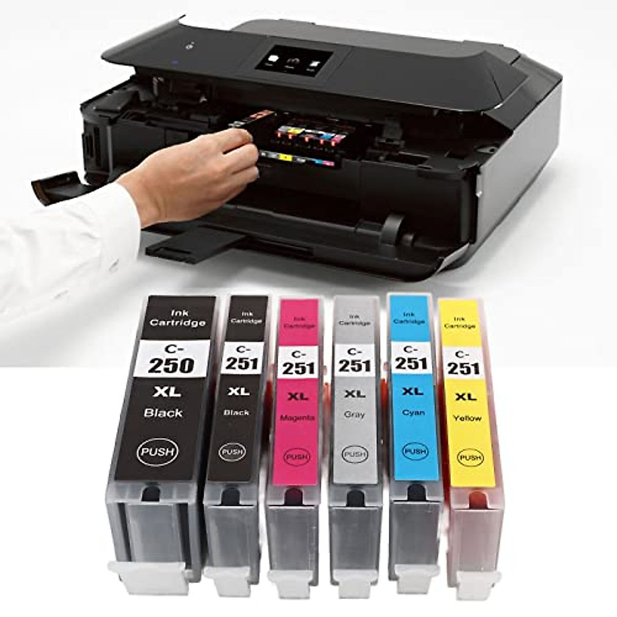 FTVOGUE 250‑251 Multi Colors Ink Cartridge Replacement Printer Inkjet Cartridges for PIXMA (BK BK C M Y GY 6 Colors)