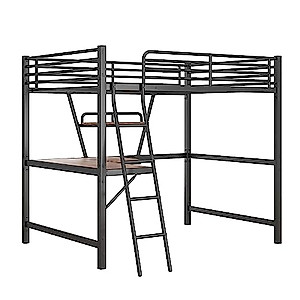 Full Size Metal Loft Bed with MDF Desk and Storage Shelf, Multifunctional Loft Bed with Ladder and Guard Rail, Space Saving, No Box Spring Needed for Boys Girls Teens Adults (Black, Full)