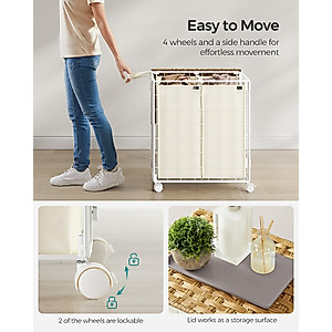 SONGMICS Laundry Hamper, 110L Laundry Basket with Lid, Clothes Hamper with Wheels, Collapsible Removable Liner Bag, Iron-Made Laundry Sorter, Natural Beige and Cream White ULCB211N01