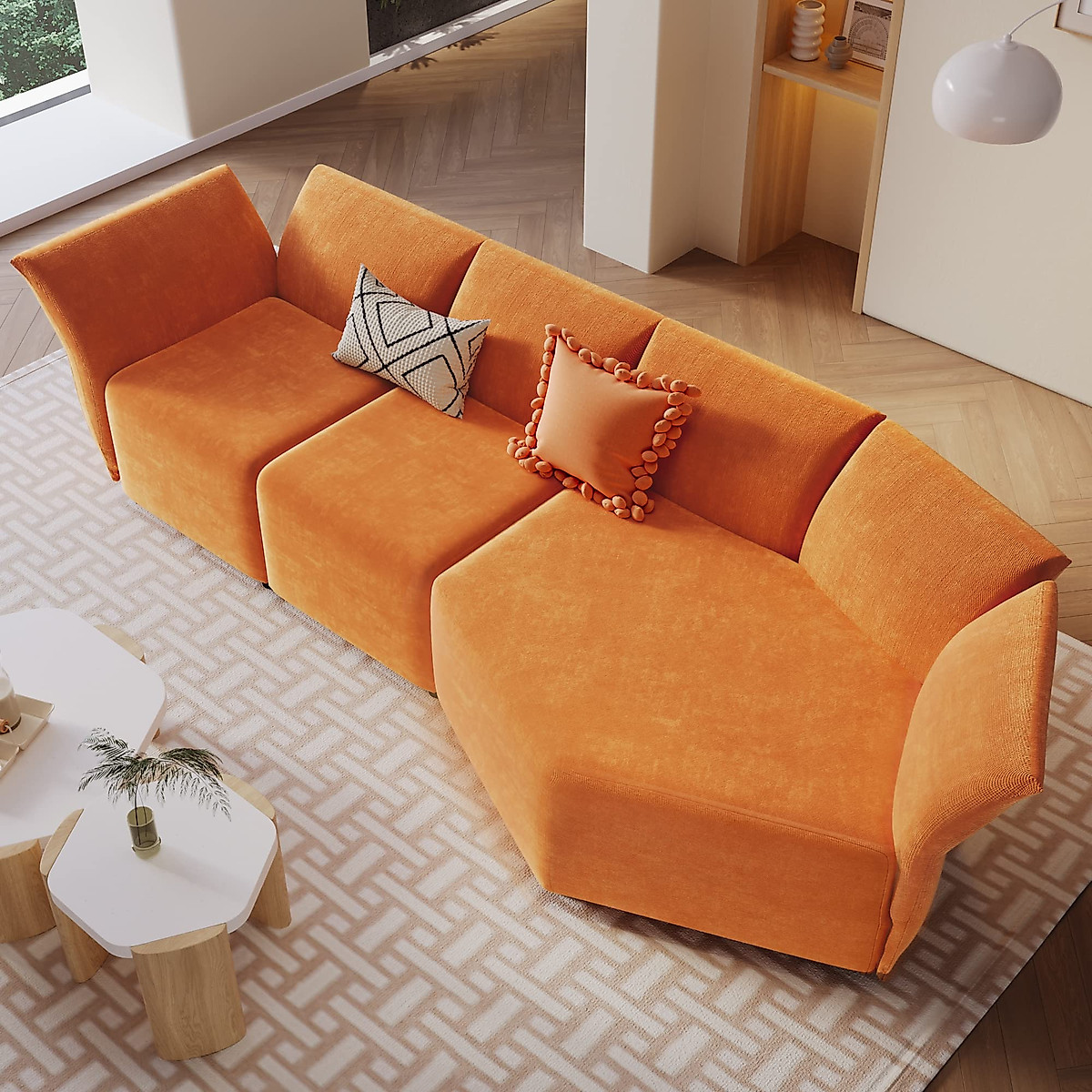 Verfur 106.3" Free Combination Curved Adjustable Backrest, 4-Seater Modular Sectional, Confy Upholstery Convertible Corner Sofa & Couches for Living Room, Office, Apartment, Orange