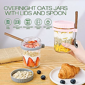 Hoa Kinh Overnight Oat Containers with Lids and Spoon 16oz 2Pack Glass Mason Jars for Overnight Oats, Cereal, Milk, Vegetable and Fruit Salad, Airtight Jars with Two Measurement Marks(Pink and Blue)
