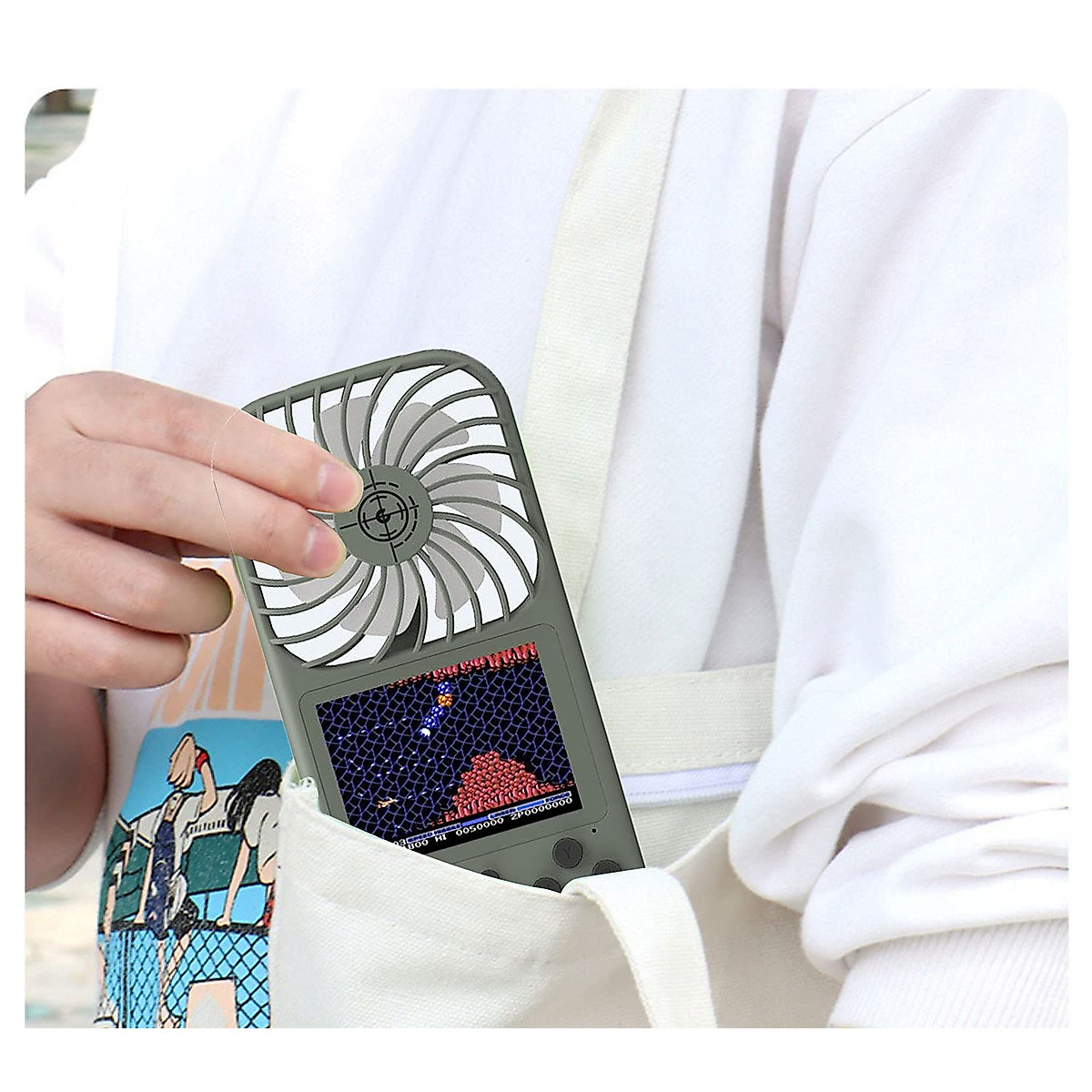 Handheld Game Console with Fan 500 Retro Nostalgic Game Mini Fan 2-in-1 2.8-inch Screen USB Mini Portable Handheld Fan Rechargeable Travel Office Home Fan, Suitable for Children/Adults (Dark Green)