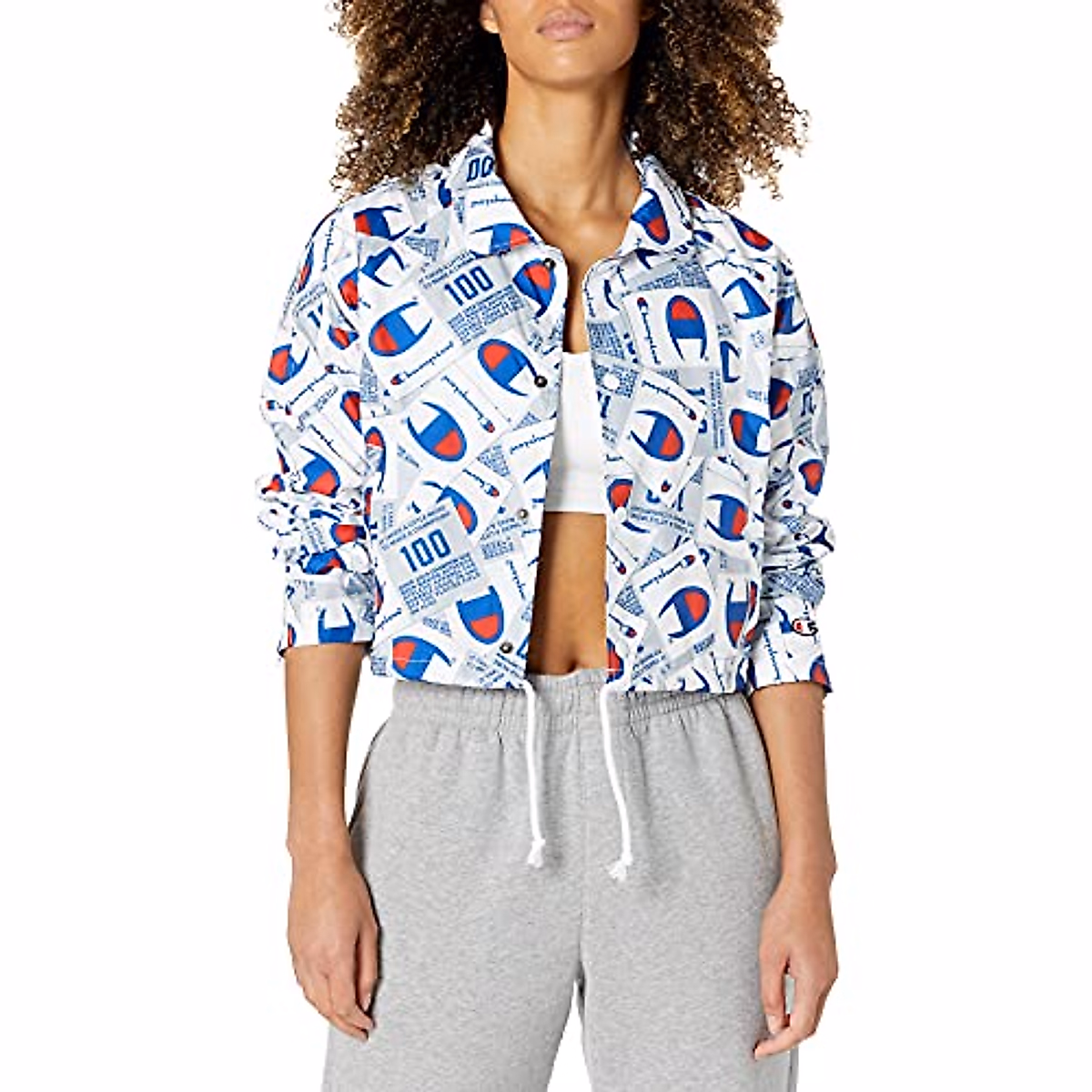 Champion Women's Cropped Coaches Jacket, jockey tang Scatter Mix White, LARGE