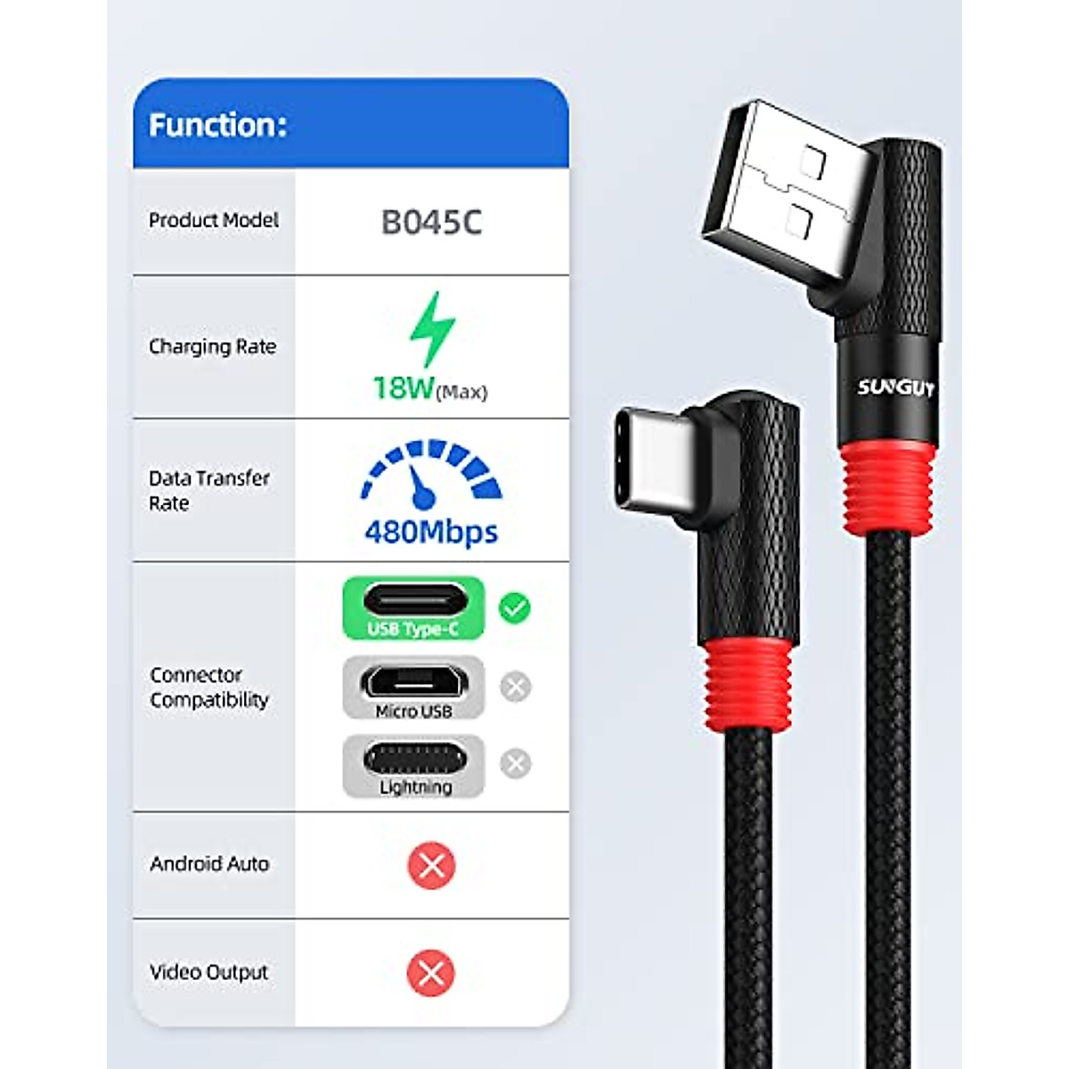 SUNGUY Right Angle USB C Cable 2Pack [1FT/0.3m] 18W Short 90 Degree USB 2.0 USB-C Fast Charging Data Sync Cable Nylon Braided for Samsung Galaxy S20 S10 S9, LG, Google Pixel, iPad Mini 6
