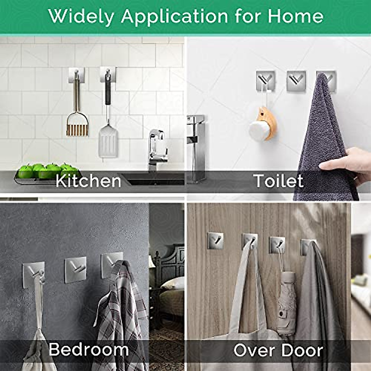 Generic Adhesive Hooks, Heavy Duty Towel Hooks for Hanging, Waterproof Stainless Steel Wall Hanging Coat Hat Robe, Modern Cabinet Closet Hanger Bathroom Bedroom Kitchen Door 4 Pack, Silver, (Li-HK02)