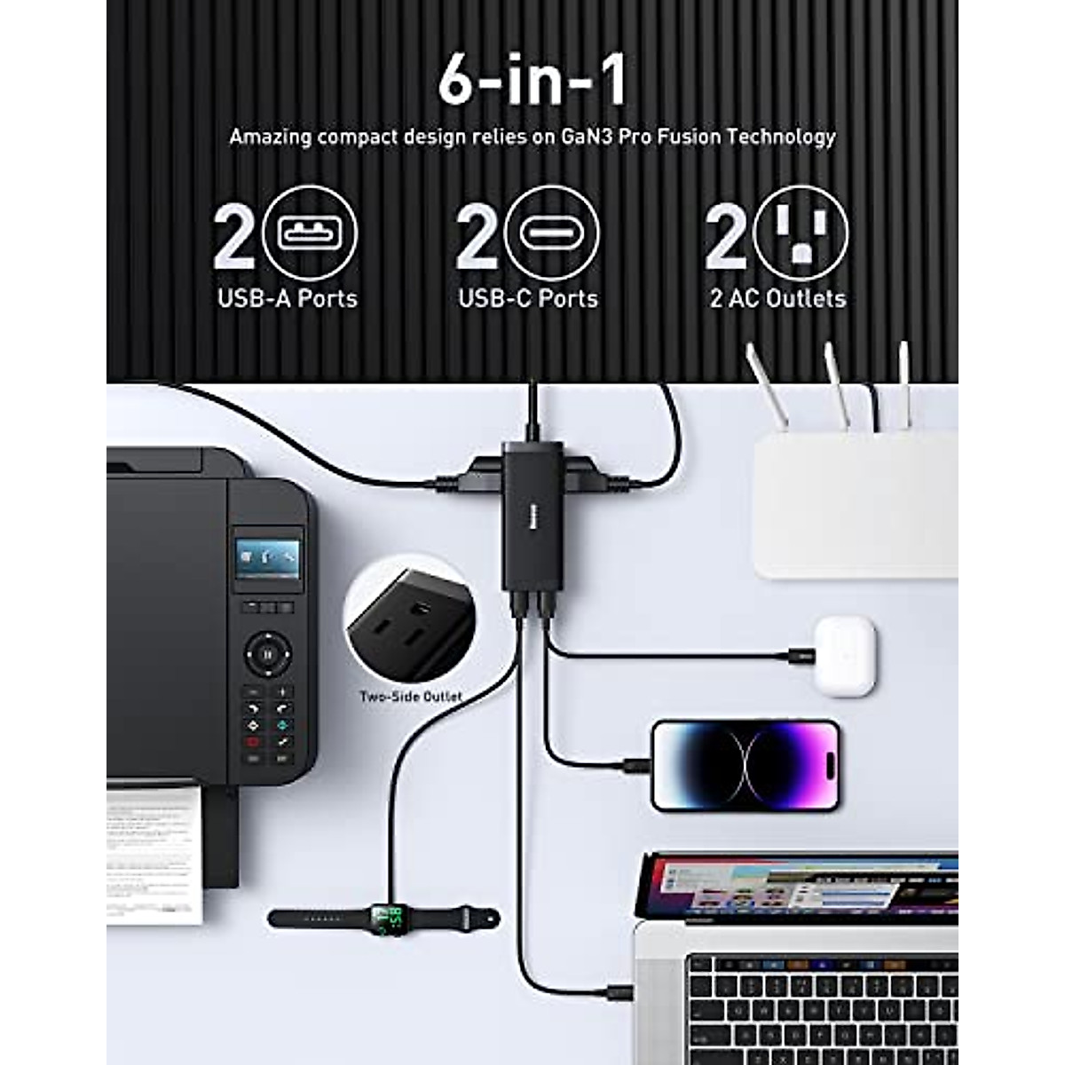 Baseus USB C Charger - PowerCombo On 100W Power Strip with 4 USB Ports & 2 Outlet Extender - USB Charging Station for MacBook Pro/Laptops/iPhone/Samsung/iPad Fast Charging