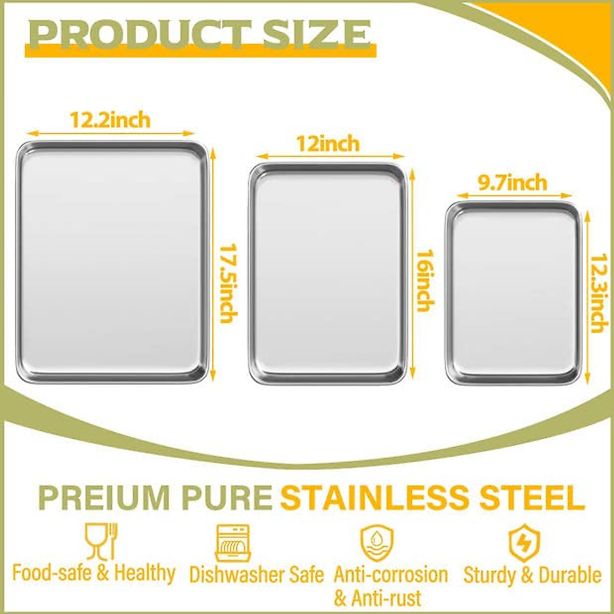 Baking Sheet Cookie Sheet Set of 2, Umite Chef Stainless Steel Baking Pans Tray Professional 12 inch, Non Toxic & Healthy, Mirror Finish & Rust Free, Easy Clean & Dishwasher Safe