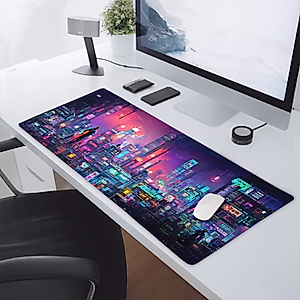 Retro Japanese Anime Gaming Mouse Pad XXL Cool Dark Purple Red Vaporwave City Extended Large Desk Mat Big Mousepad Non-Slip Rubber Base Stitched Edge Long Mousepad for Desk Computer, 35.4 x 15.7 in