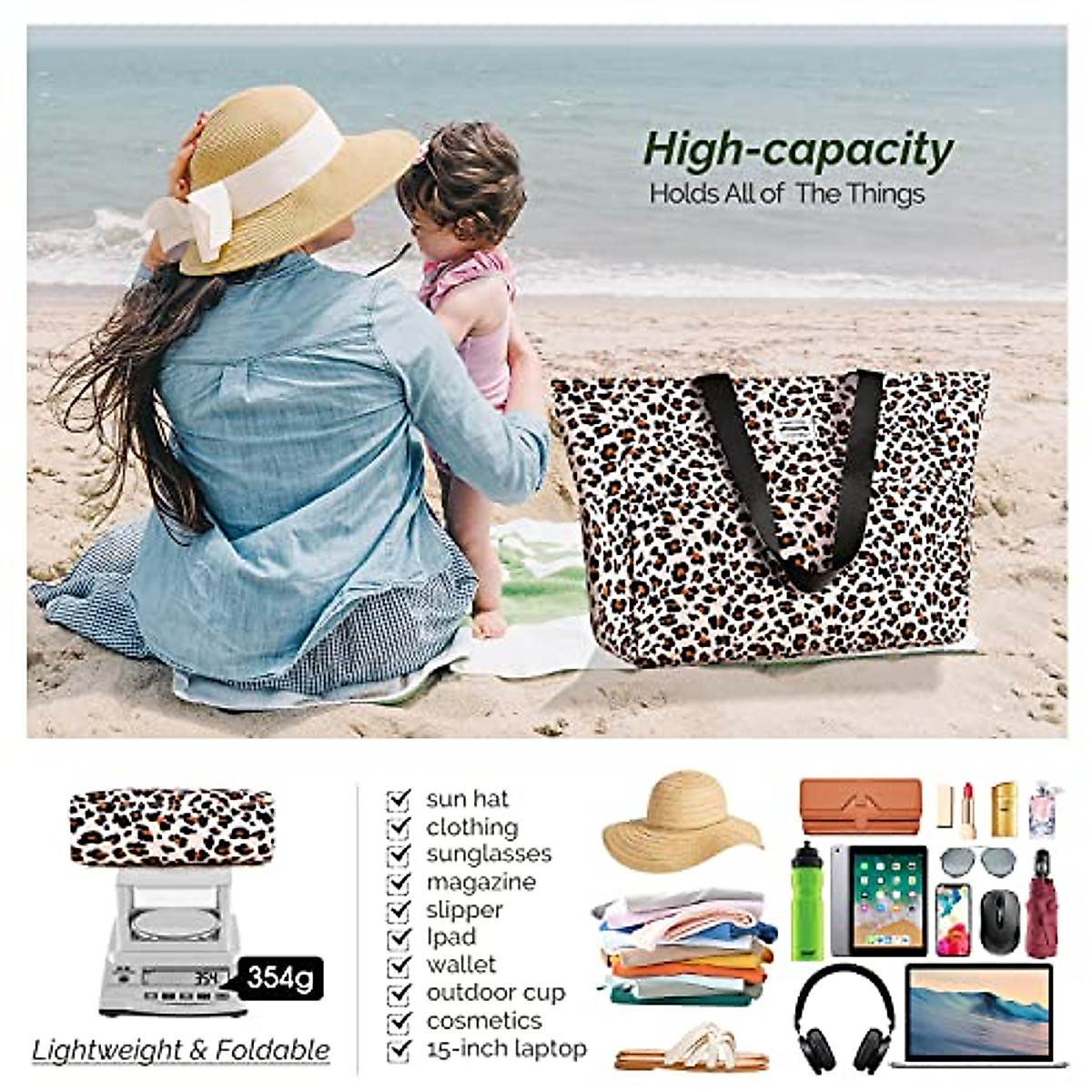 HOMESPON Large Waterproof Beach Bag for Women Sandproof Tote Bag Pool Bag with Zipper and Pockets for Travel Vacation Gym (Leopard Print)