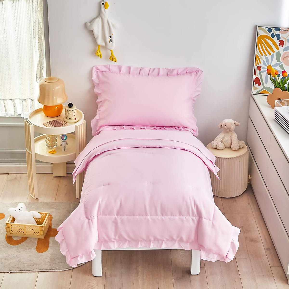 4 Pieces Pink Toddler Bedding Set with Ruffle Fringe, Solid Color Toddler Bed Set - 1 Toddler Comforter + 1 Fitted Sheet +1 Flat Sheet +1 Pillowcase for Baby Boys and Girls