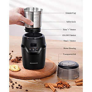 SHARDOR Adjustable Coffee Grinder Electric, Super Silent Electric Coffee Bean Grinder with Time-Memory Adjustment and Multi-Functional Stainless Steel Cup for Spices, Herbs, and Nuts Grinding, Gray