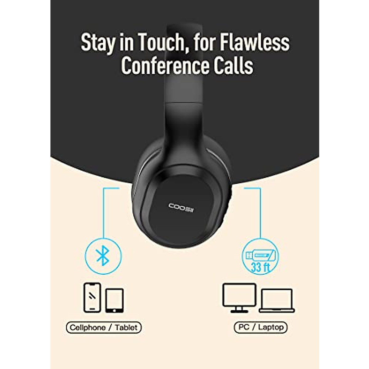 COOSII P80C Bluetooth Wireless Headphones with Dual Microphone with V5.0 USB Dongle for PC Computer Home Office Online Class Headset, 40H for Laptop Chromebook Cellphone Skype Zoom Call Center