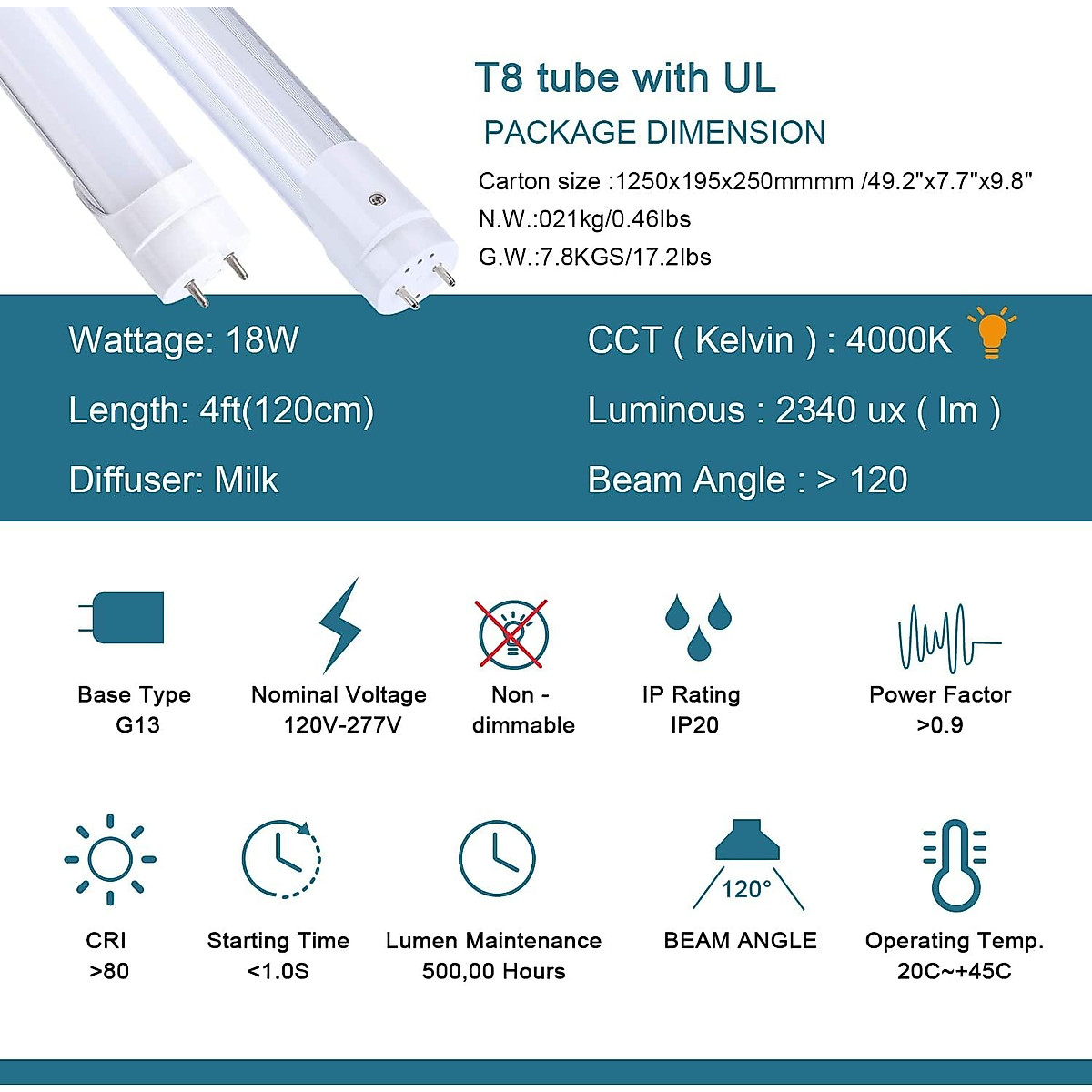 H&B Luxuries 4FT LED T8 Ballast Bypass Type B Light Tube, 18W, Single-Ended & Dual-Ended Connection, 2340LM, G13 Base,T8 T10 T12 Fluorescent Bulbs Replacement, UL & DLC - 4000K (5Pcs)