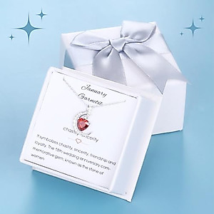 Qings Garnet January Birthstone Necklace - Red Heart Necklaces Crescent Moon S925 Family Birthstones Jewelry for Women Daughter