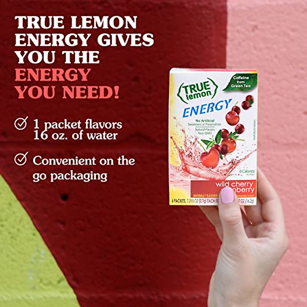 TRUE LEMON Energy Wild Cherry Cranberry Drink Mix,No Preservatives, No Artificial Sweeteners, Gluten Free Water Flavor Packets & Water Enhancer with Stevia, 6 Count (Pack of 12)