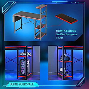 Bestier Gaming Desk with LED Lights, Computer Desk with 4 Tiers Shelves, 44 Inch Office Desk with Storage Bag & Printer Shelf (Black Carbon Fiber)