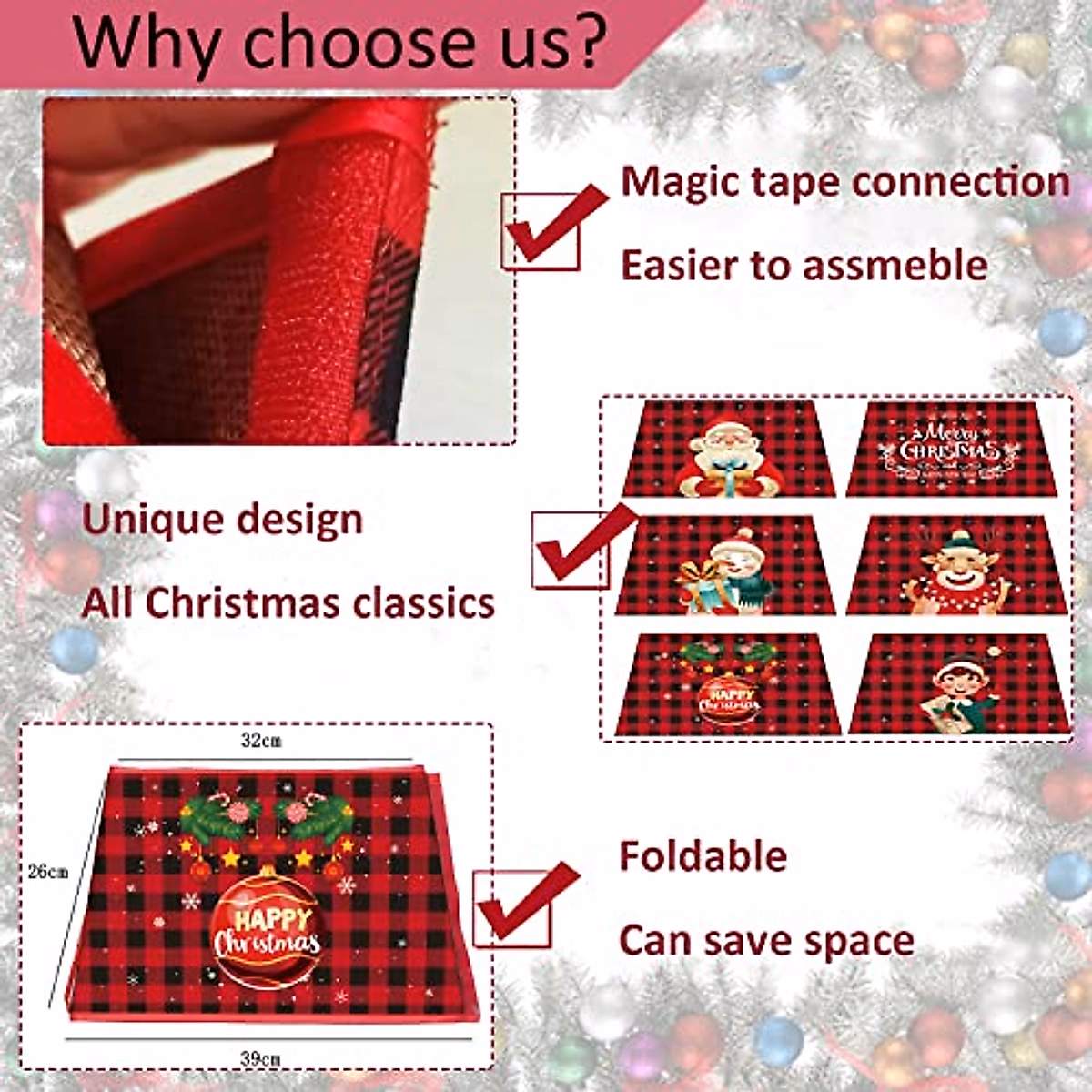 DmHirmg Christmas Tree Collar,Red and Black Christmas Tree Collar for Artificial Trees,Hexagonal Base Tree Skirt with 6 Different Patterns for Christmas Decorations Holiday Party